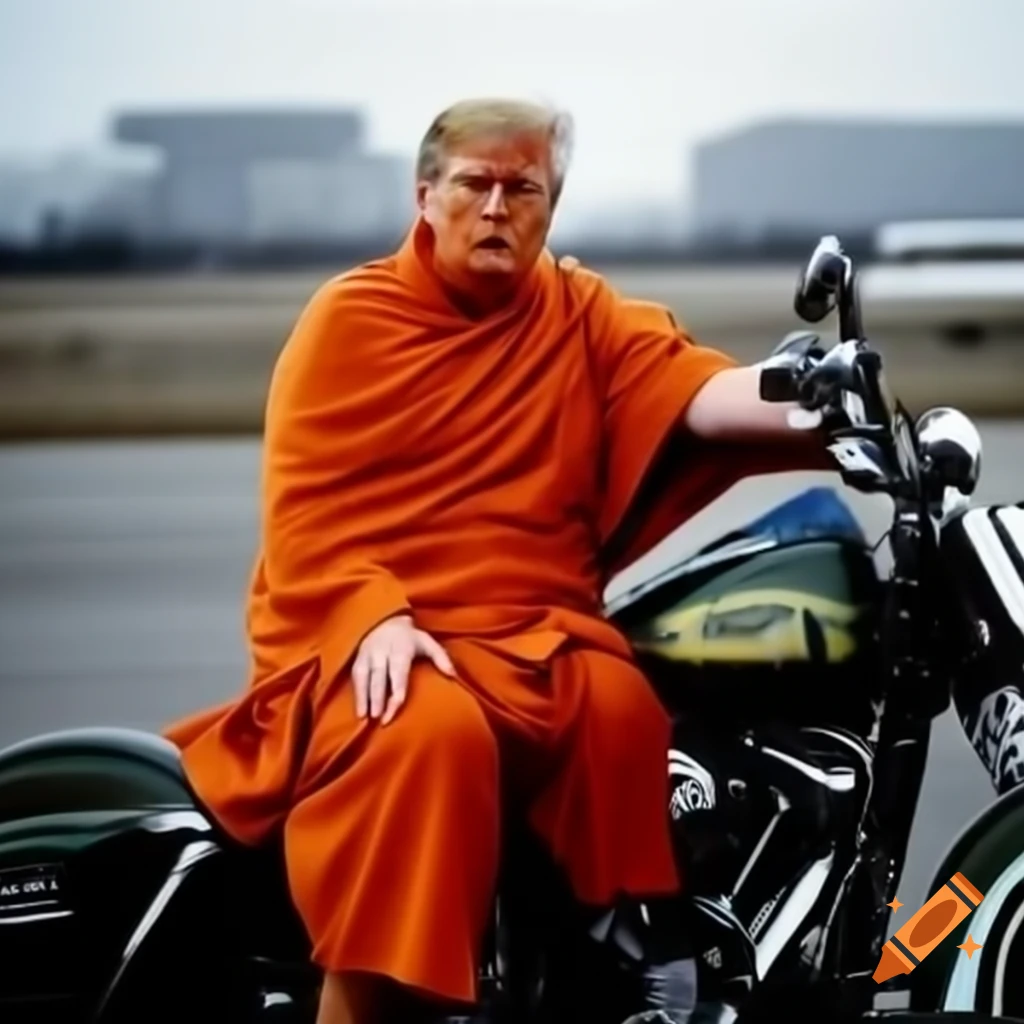 Character in orange robes riding Harley Davidson motorcycle on Craiyon