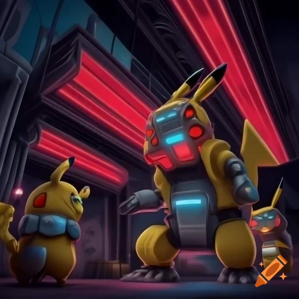 Pikachu robots attacking Minneapolis with laser beams in graphic novel art style on Craiyon