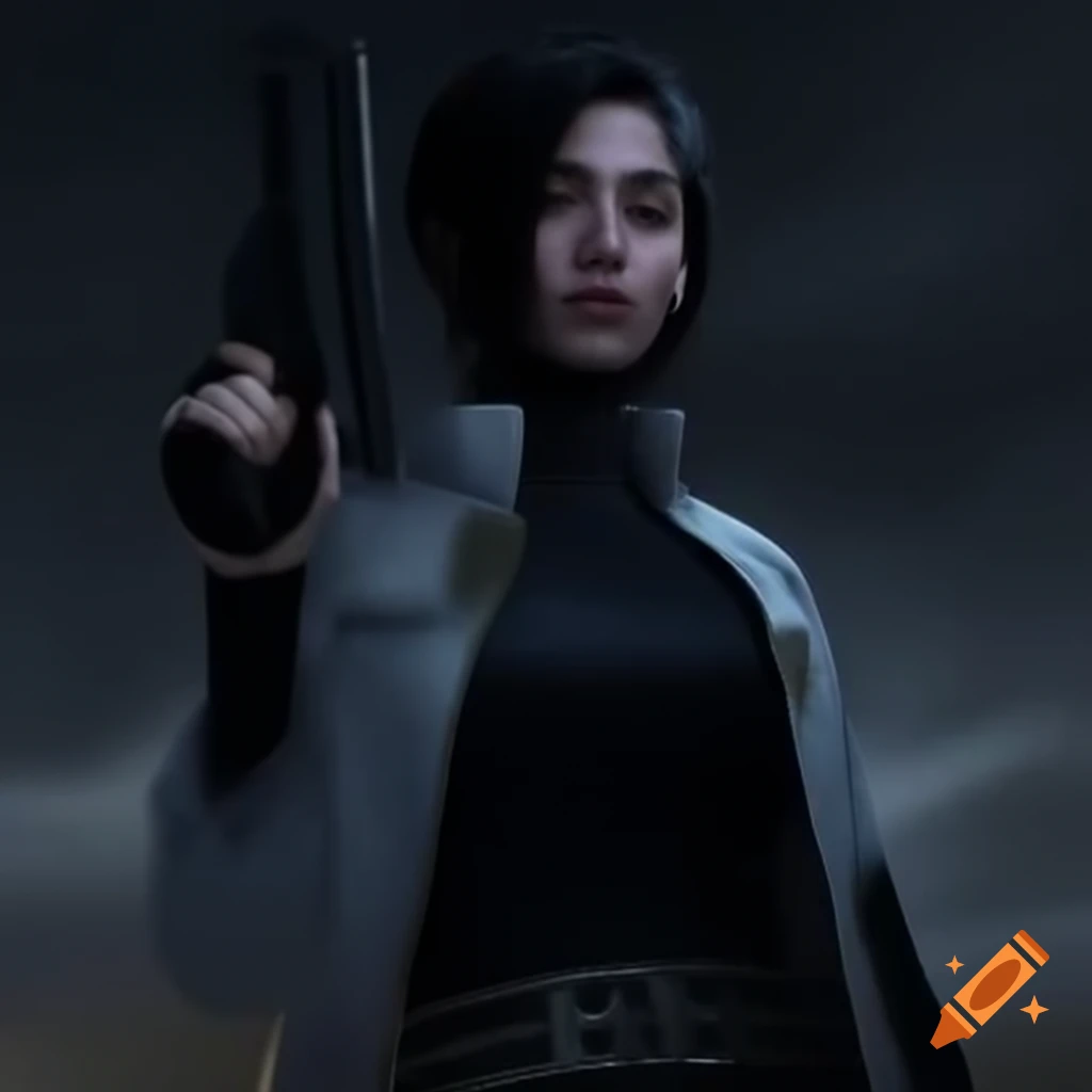 Woman in long jacket with gun under dark sky in the rain on Craiyon