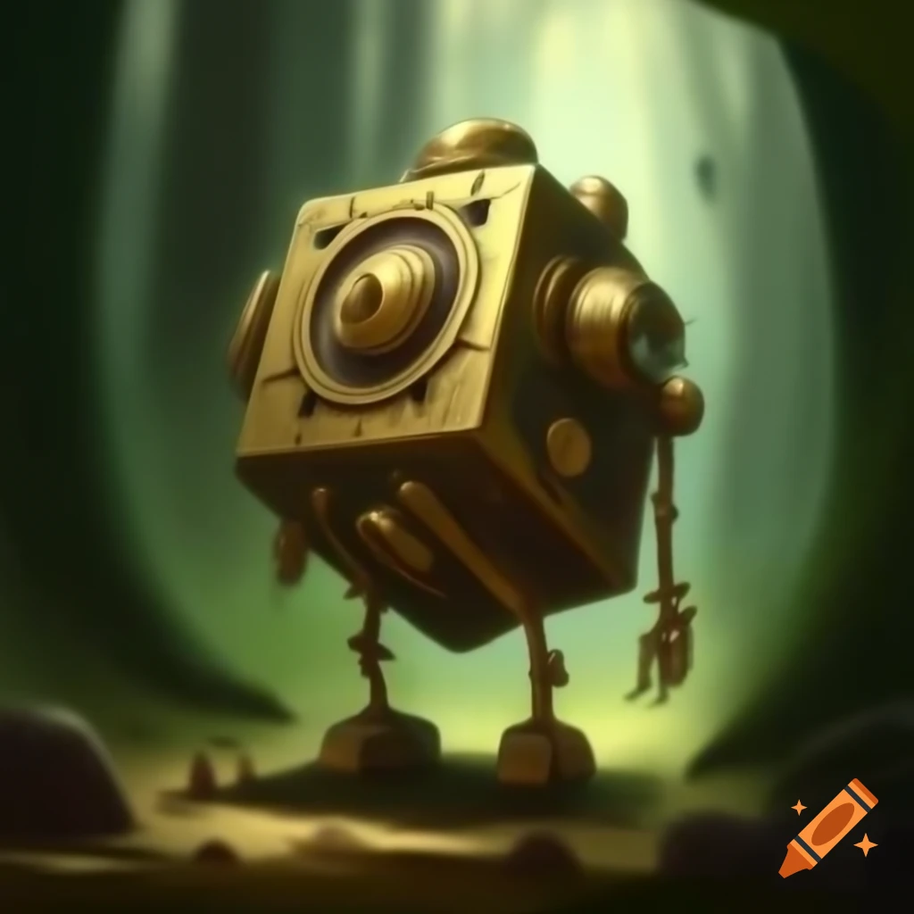 Intricately detailed brass automaton climbing through mystical forest ...