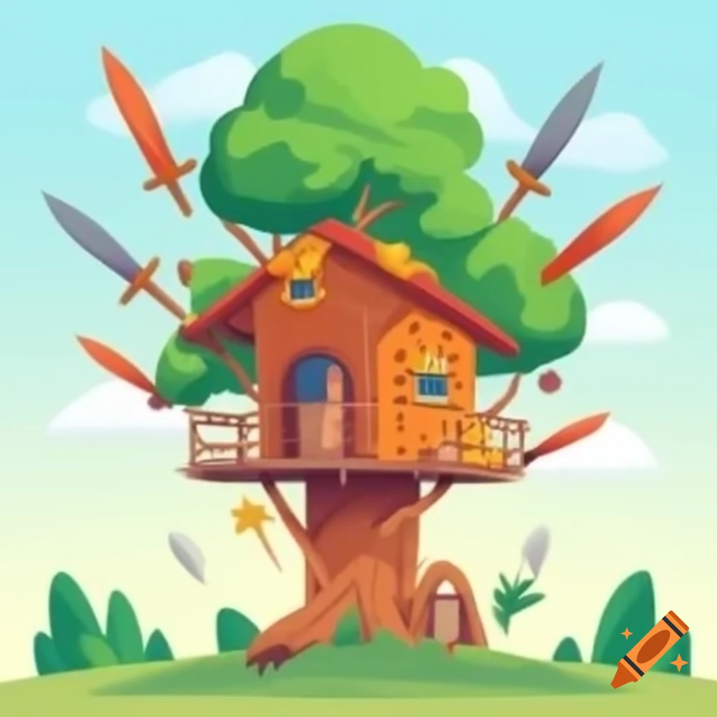 Tim Burton-style treehouse surrounded by swords and blades on Craiyon