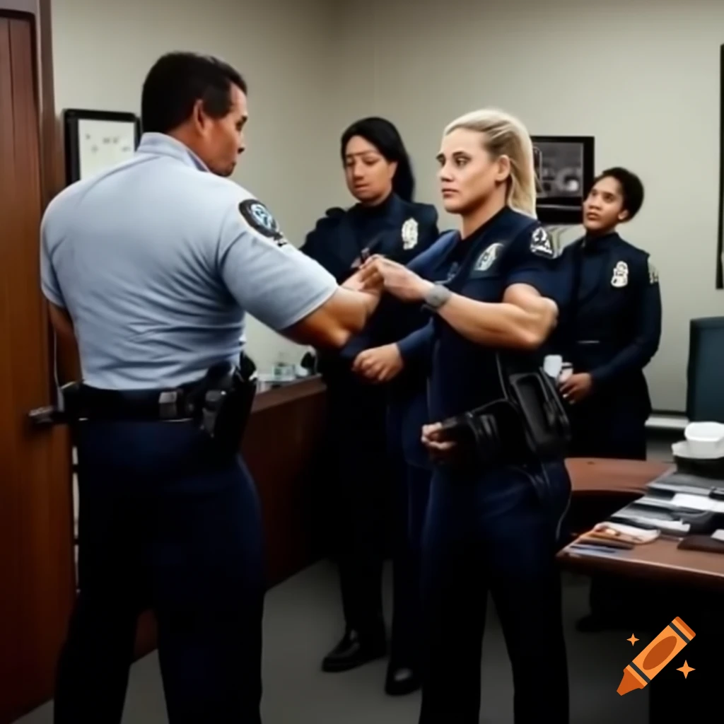 Female bodybuilder police officer discussing a case with colleagues in ...