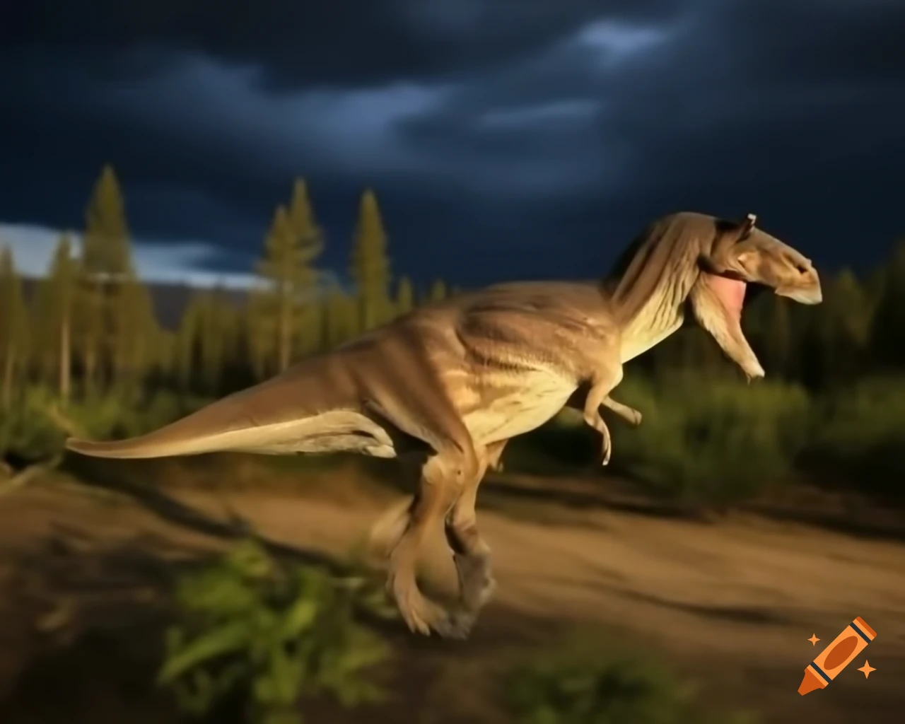 Hadrosaurus running towards the camera with triceratops herd in the ...