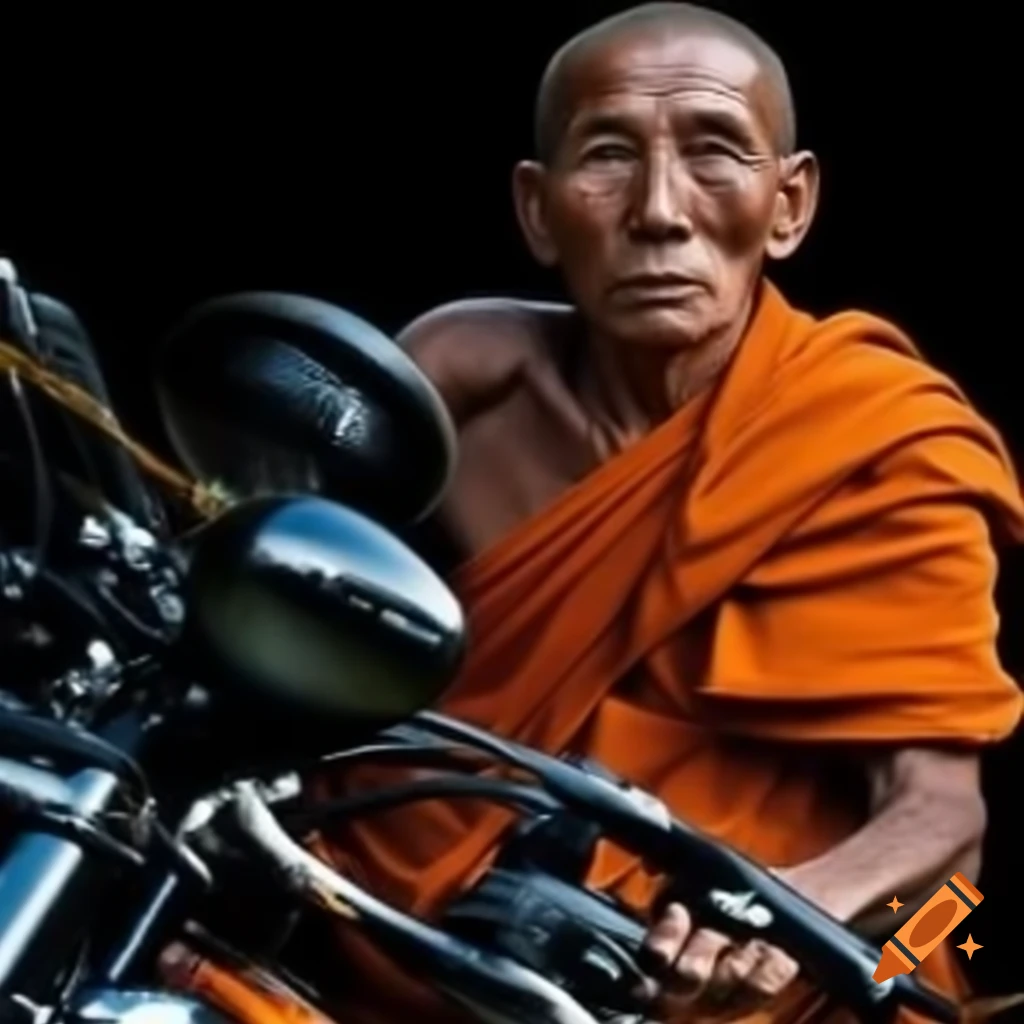 Monk in orange cloth riding harley davidson motorcycle on Craiyon