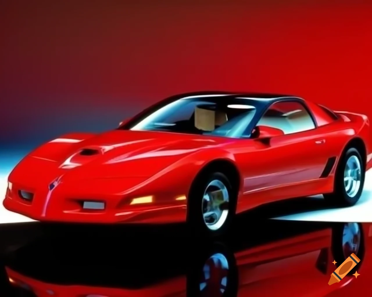 Red futuristic sports car inspired by 1992 Pontiac Transam on Craiyon