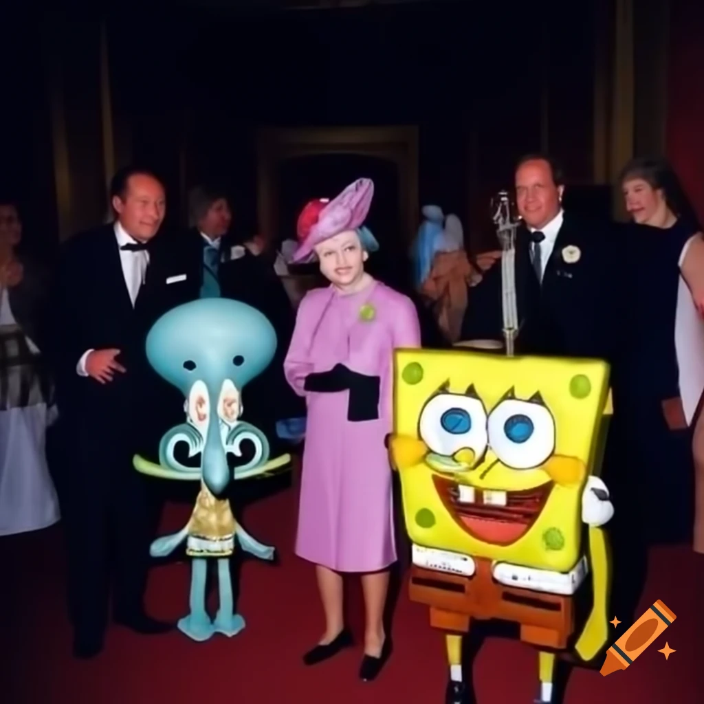 Celebration scene with queen elizabeth ii and characters from spongebob ...