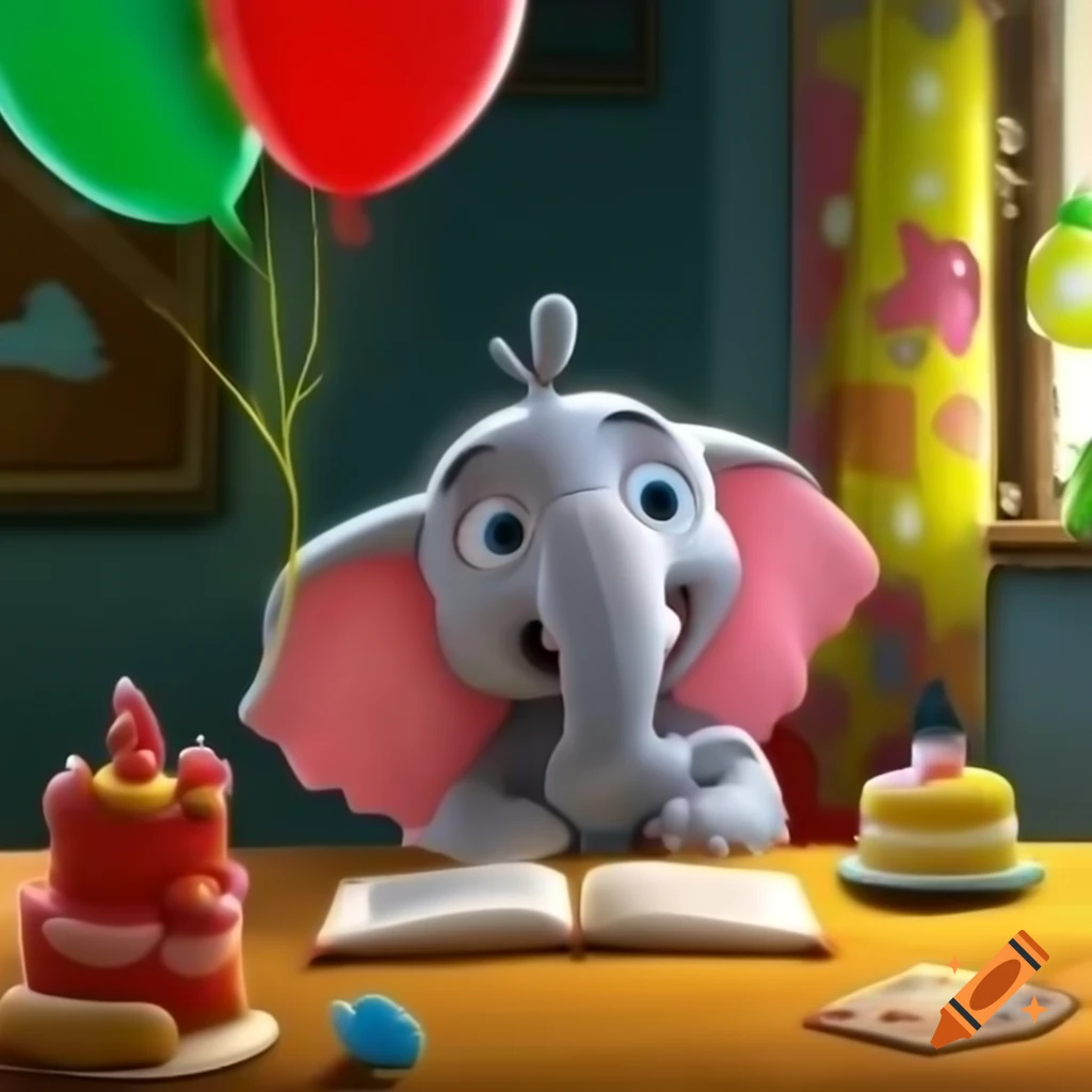 Surprised elephant character surrounded by cakes and balloons in ...