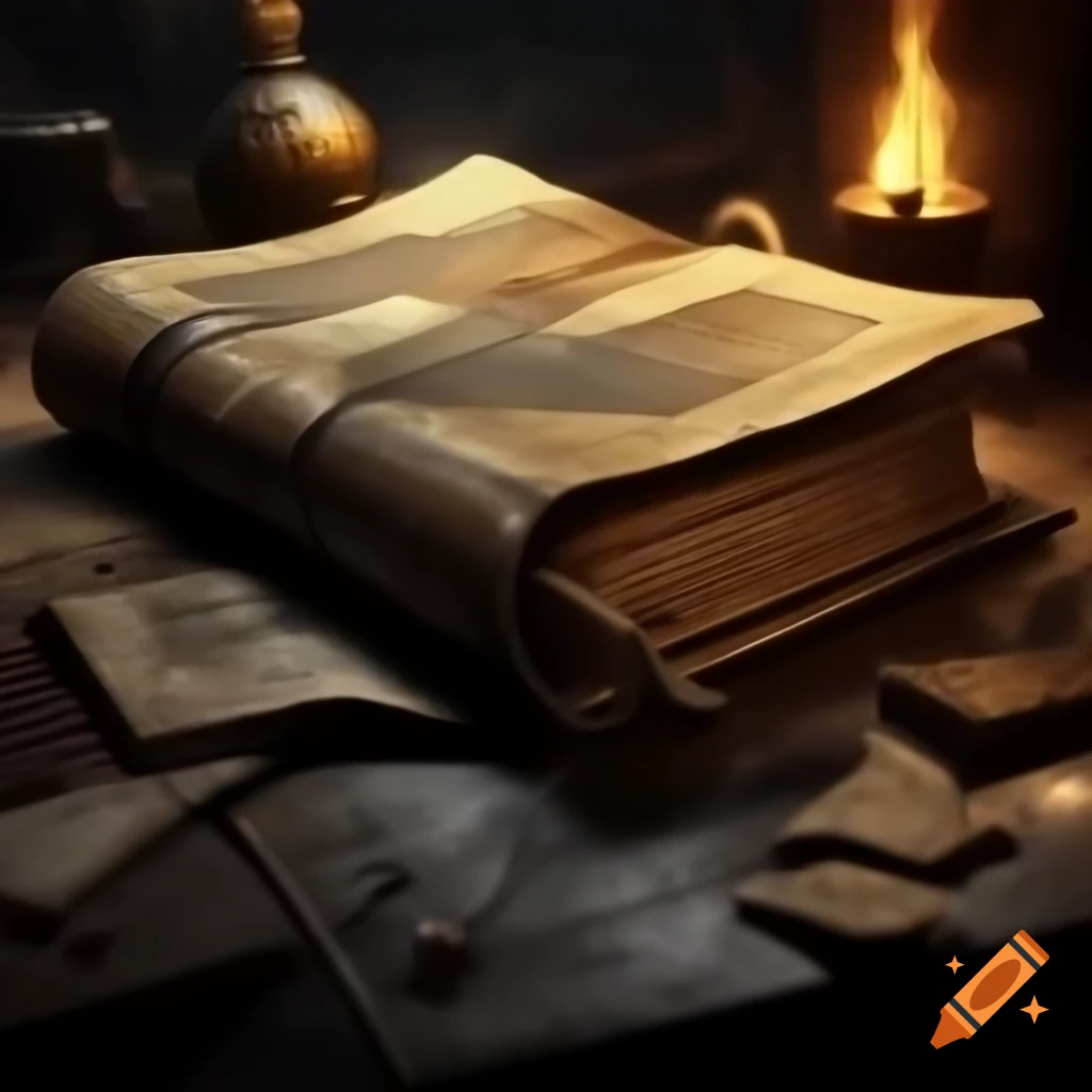 Ancient tome with leather binding revealing spells of necromancers on ...