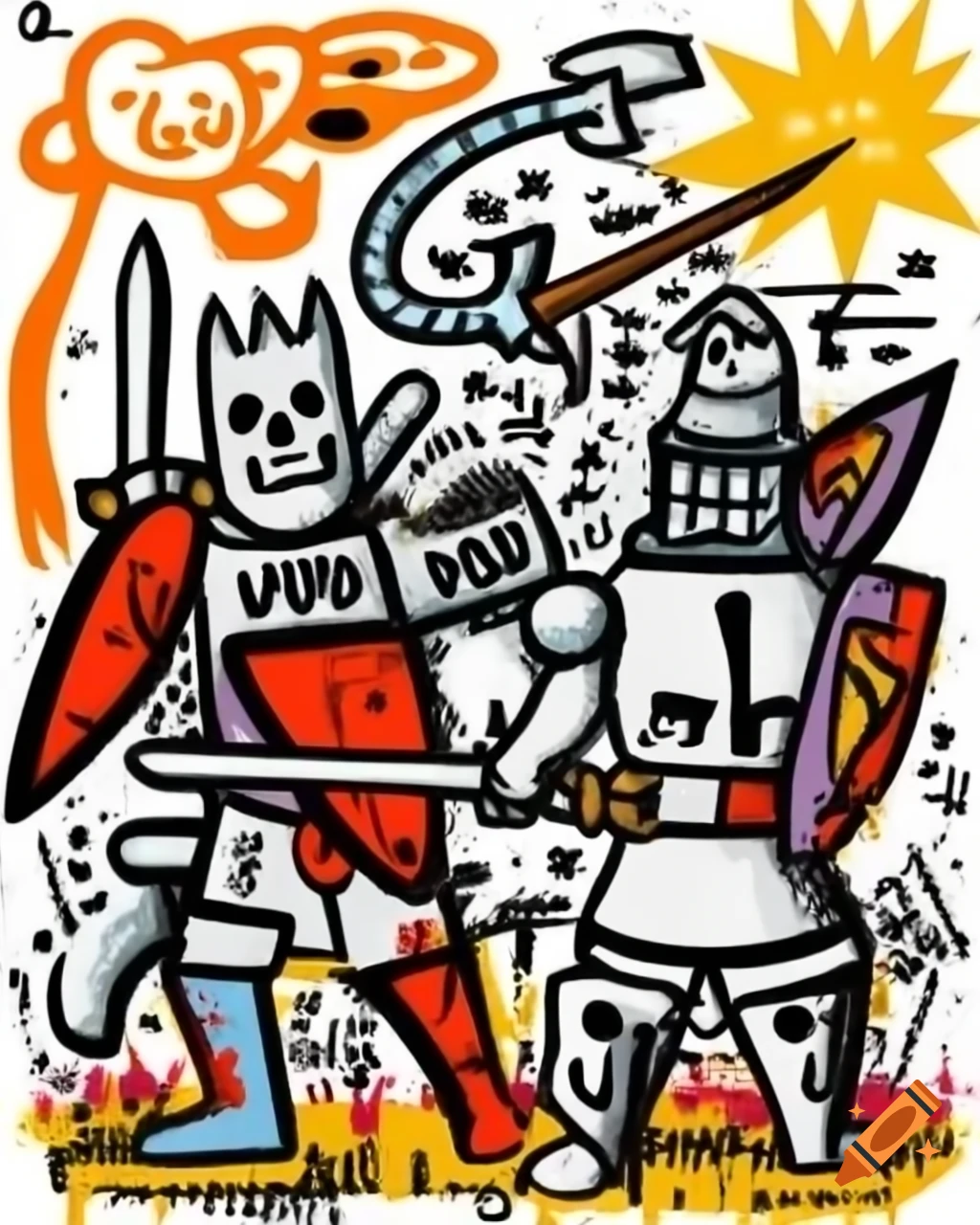 Medieval knights battling mischievous skeletons in vibrant graffiti ...