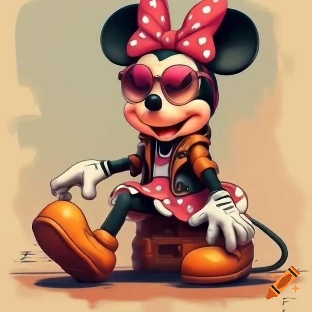 Cartoon Minnie Mouse in rock-inspired attire, leaning against a wall on ...