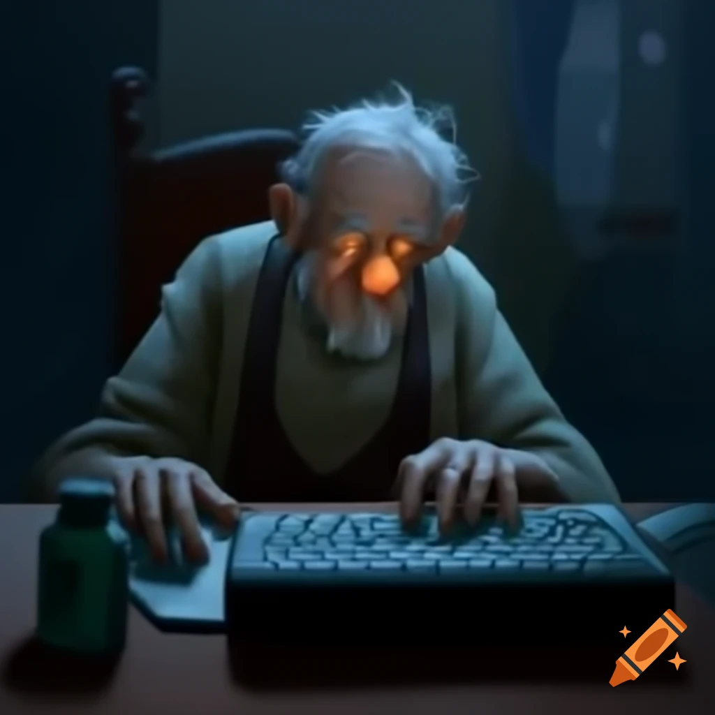 Elderly man with frail hands and tired eyes slumped over a keyboard on ...