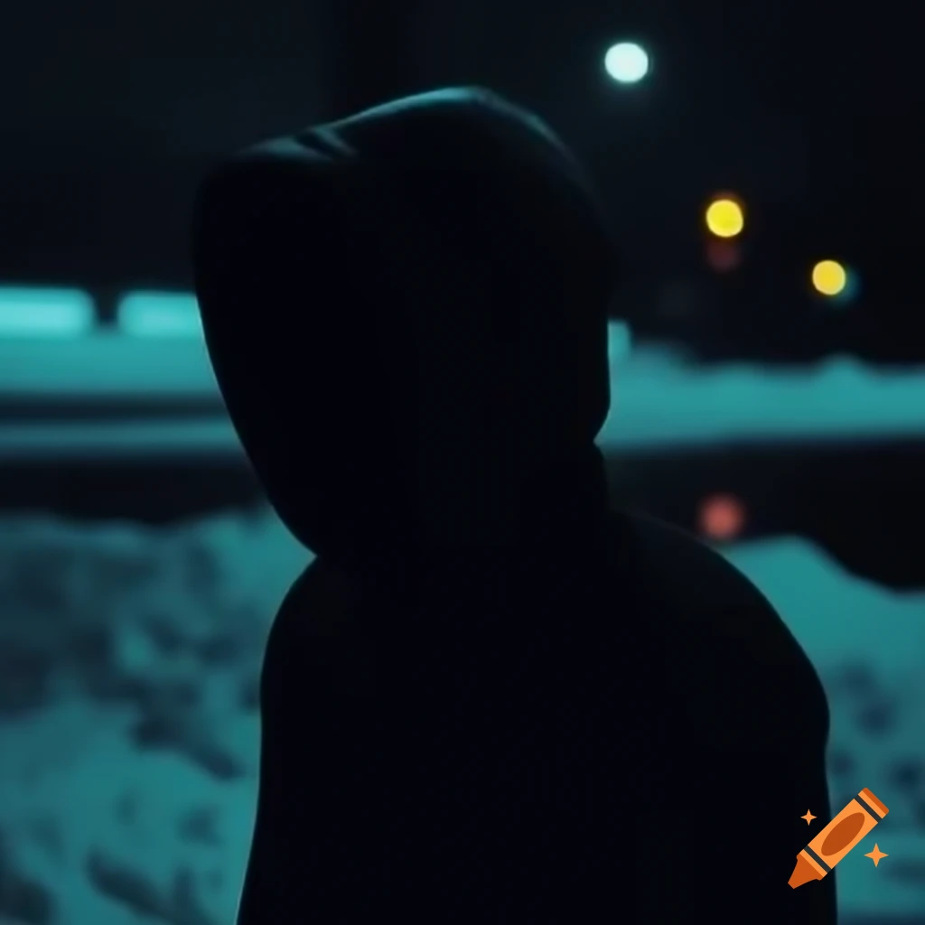 Silhouette of hooded figure at night in snowy weather on Craiyon