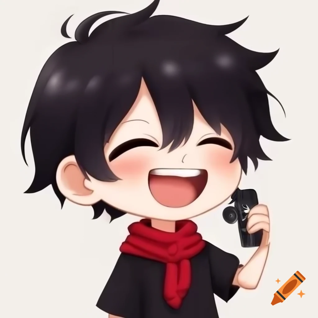 Chibi-style anime boy with black hair and joyful expression holding a ...