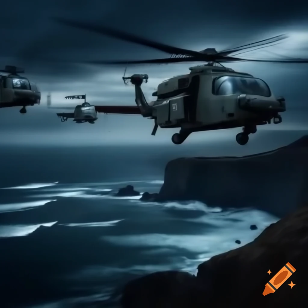 Army helicopters flying in formation over la coastline at night on Craiyon
