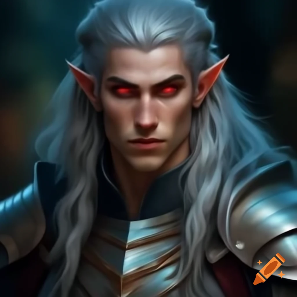 Masculine elf in silver plate armor with bright silver hair and red ...