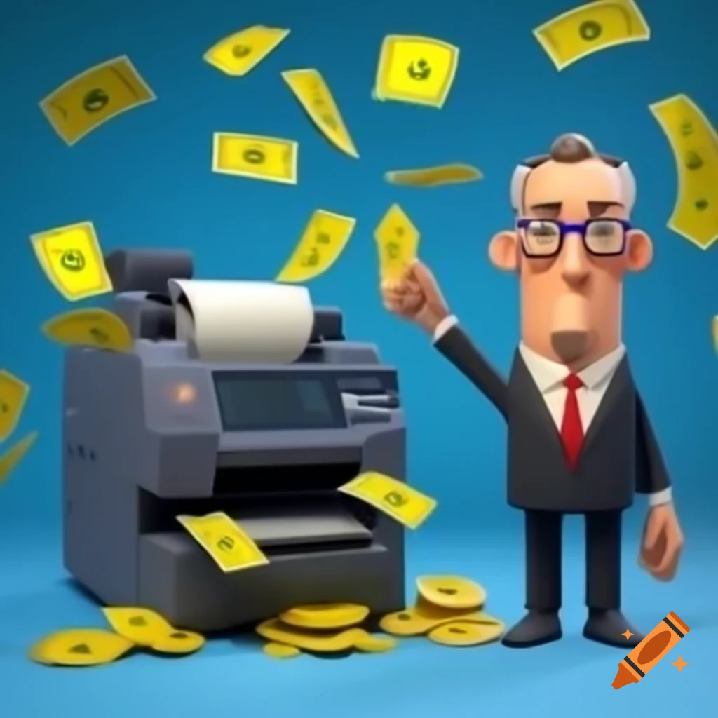 Cartoon character of Jerome Powell operating modern money printing ...