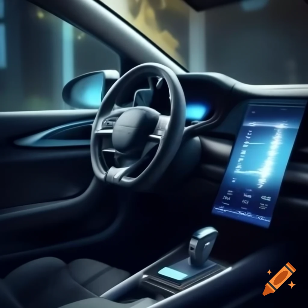 Futuristic scene depicting Atom electric car owner in daily life ...