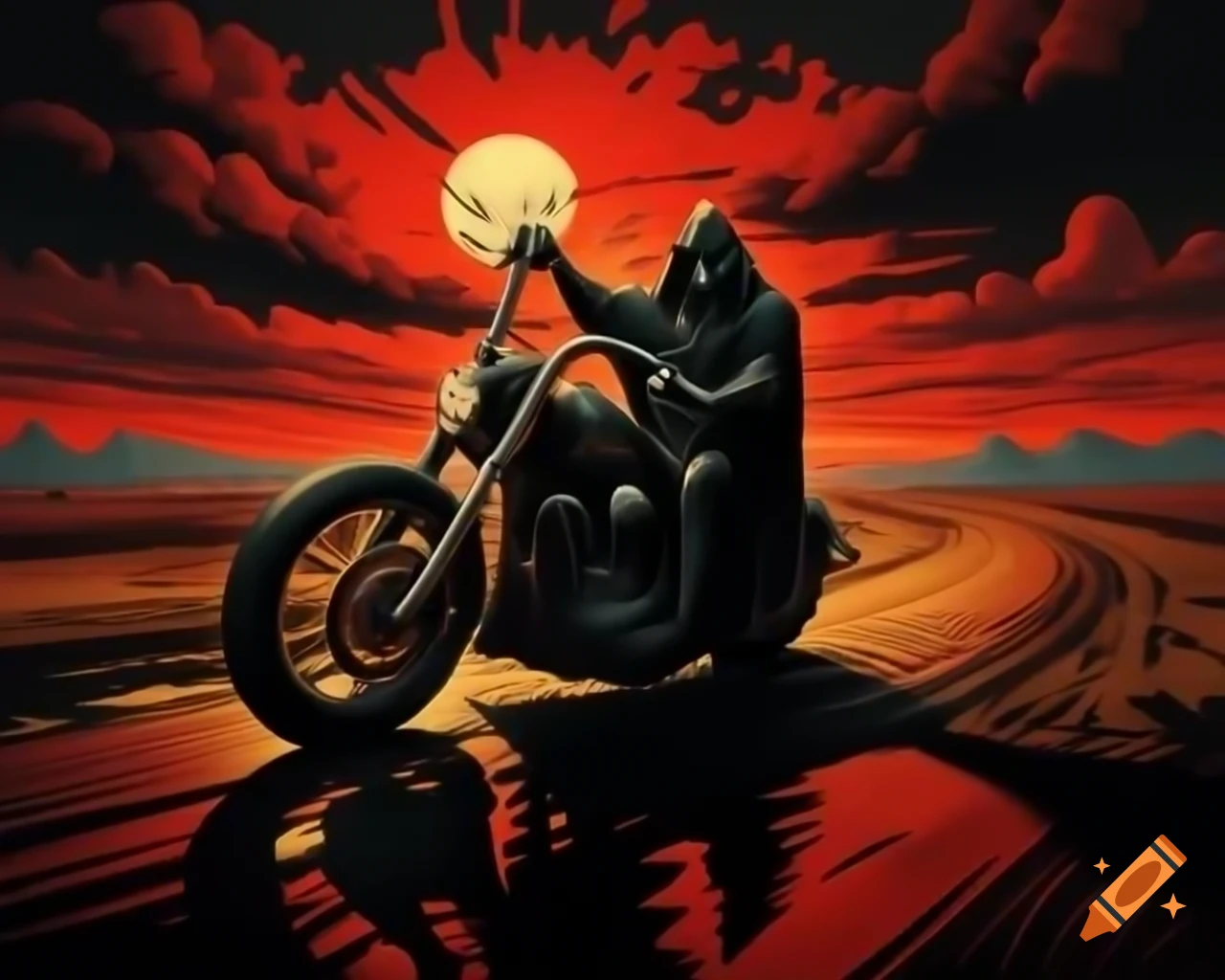 Grim reaper on Harley-Davidson chopper riding desolate highway under ...