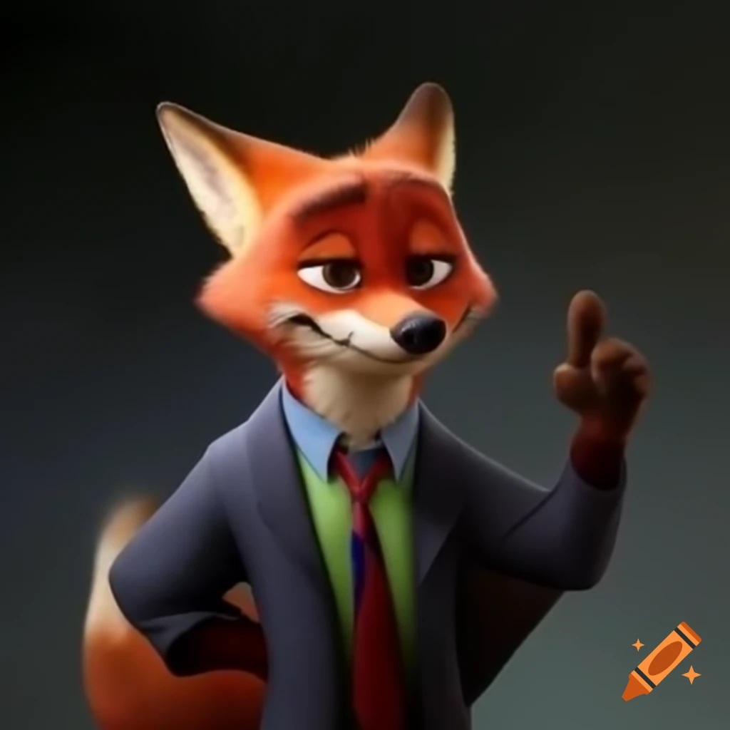 Fox in suit and tie raising arms, inspired by Zootopia on Craiyon