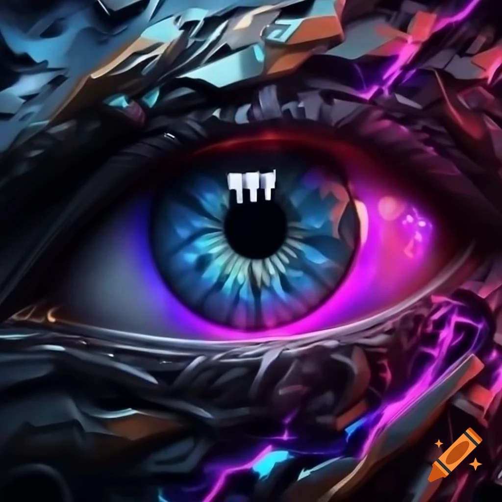 Robotic eye with vibrant neon irises and holographic circuits on Craiyon
