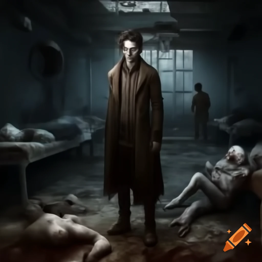 Man surrounded by ghouls in abandoned asylum on Craiyon