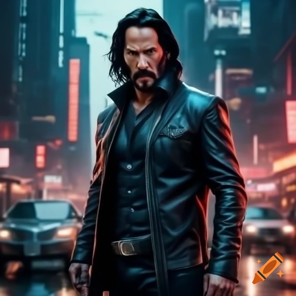 Cyberpunk movie poster with Keanu Reeves in futuristic attire against ...