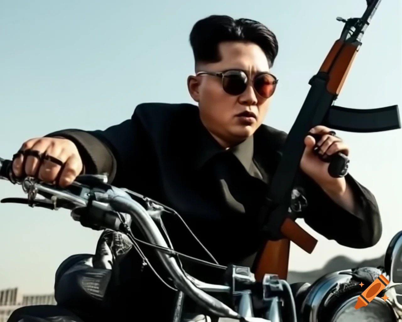 Leader dressed as Terminator riding motorcycle with sunglasses and ...