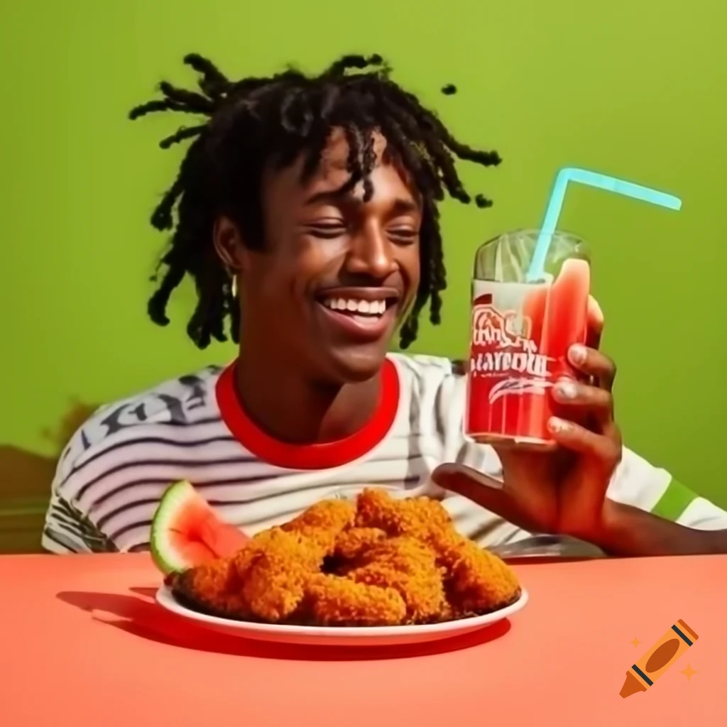 Person with dreadlocks enjoying kool-aid with fried chicken and ...