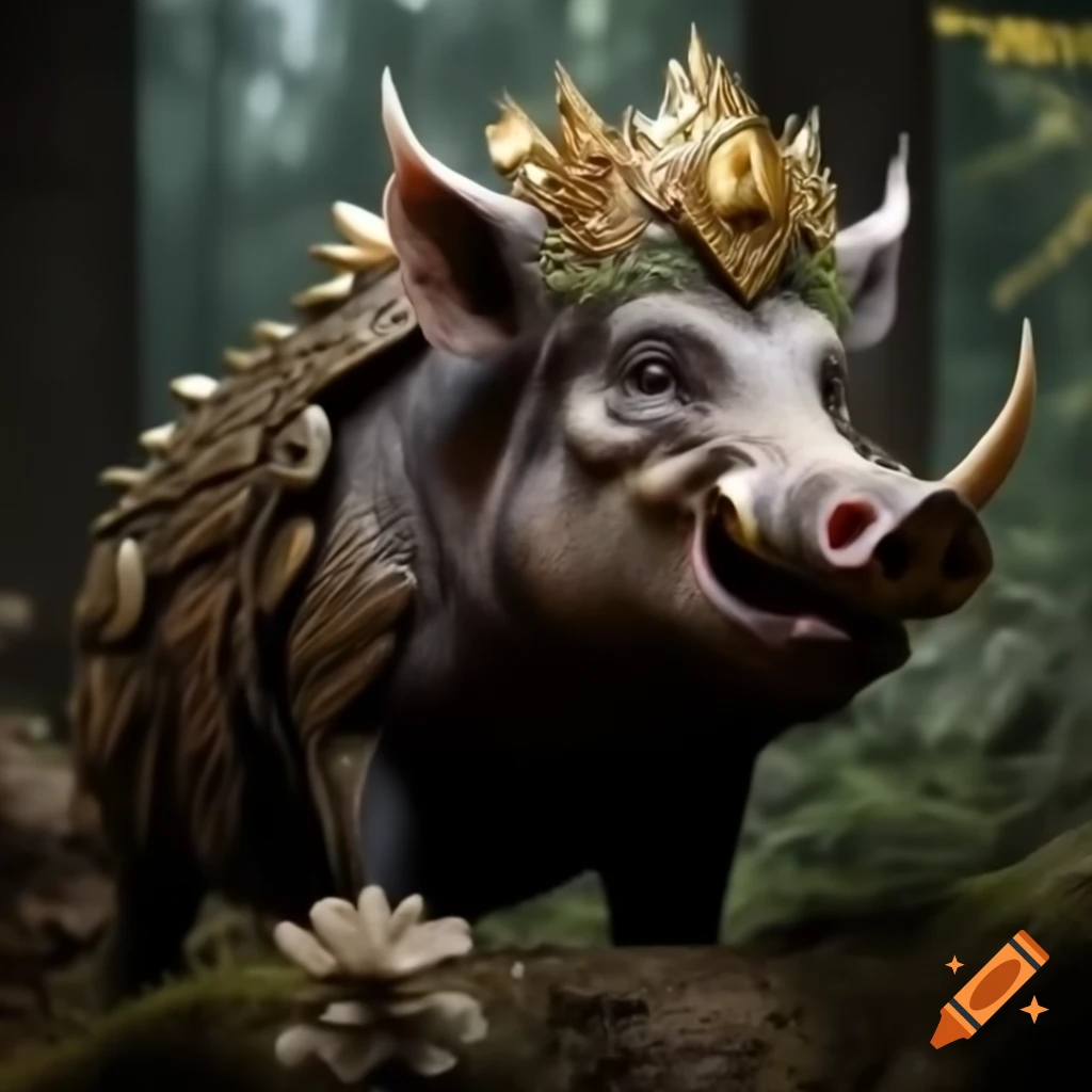 Majestic boar with golden crown commanding respect in forest on Craiyon