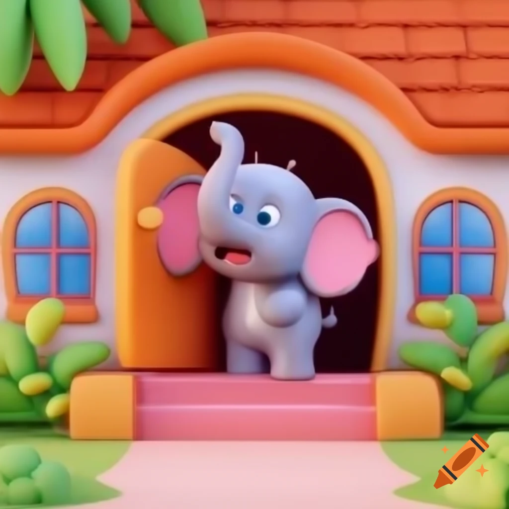 Surprised elephant character at home entrance, 3D cartoon style for ...