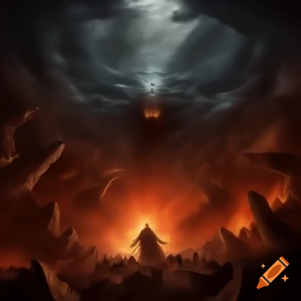 Dramatic scene of Satan's expulsion from Heaven, fiery descent into ...