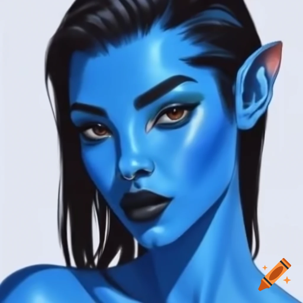 Blue-skinned woman with long, slicked-back black hair on Craiyon