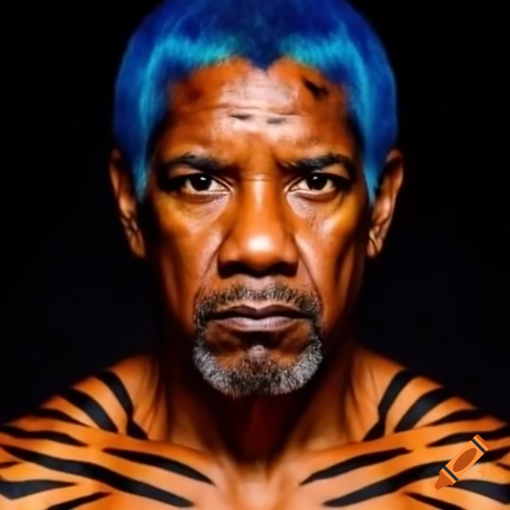 Muscular figure with tiger-style makeup featuring blue hair and orange ...