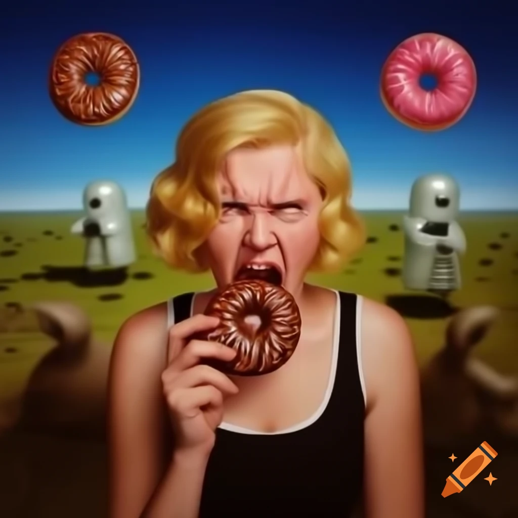 Woman with blonde bob eating donut on battlefield, angry expression ...