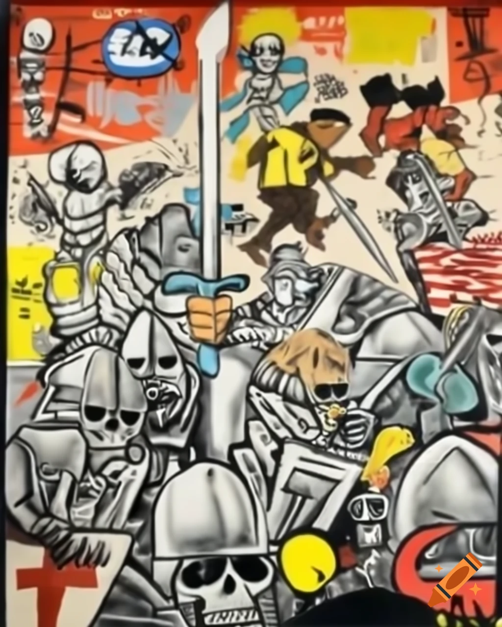 Vibrant graffiti mural of medieval knights battling skeletons in ...