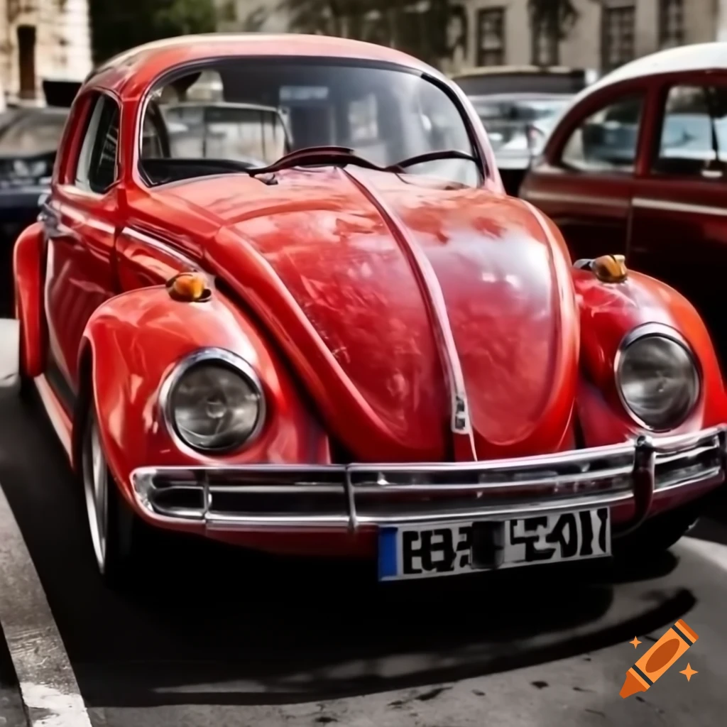 Classic cherry-red volkswagen beetle with "lady bug" license plate in ...
