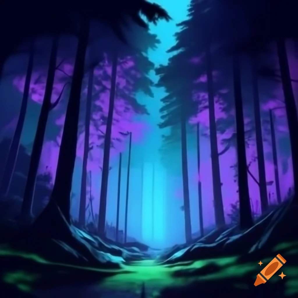 Forest with glowing blue, purple, and green trees on Craiyon