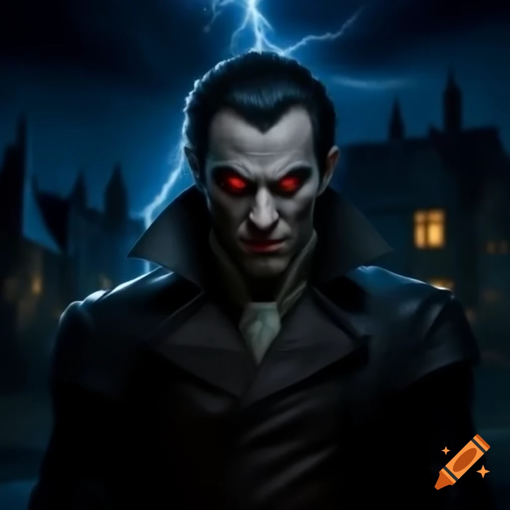 Vampire-inspired creature with lightning effects in dark setting on Craiyon