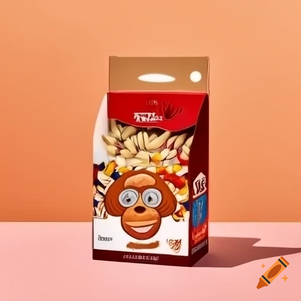 Cereal box advertisement for chimp chowder pancake syrup on Craiyon