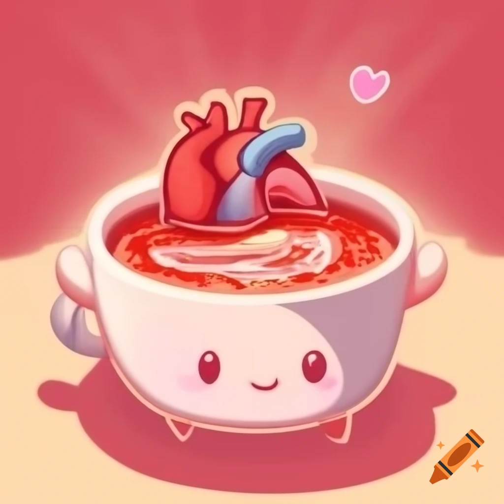 Whimsical heart soup featuring anatomical heart, cute art style on Craiyon