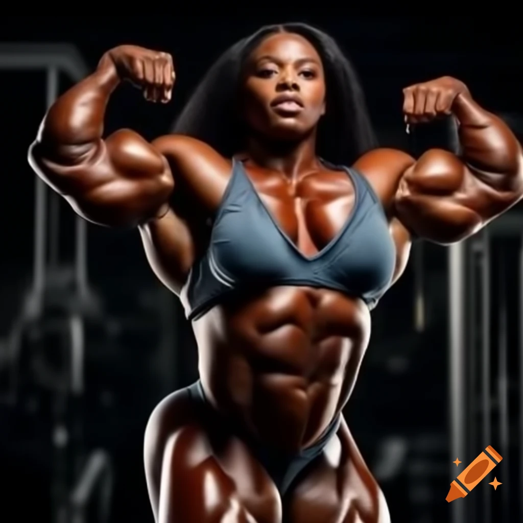 Muscular black female bodybuilder showcasing strength and athleticism on Craiyon