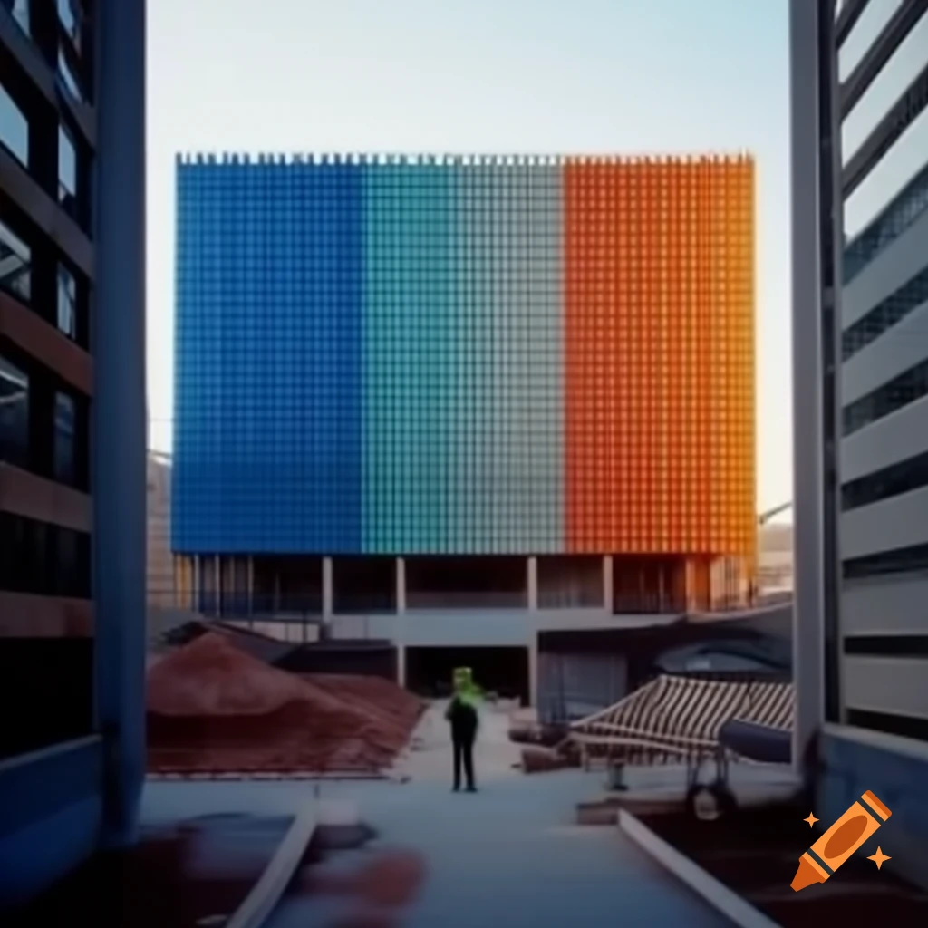 Colorful library and police department with construction workers ...