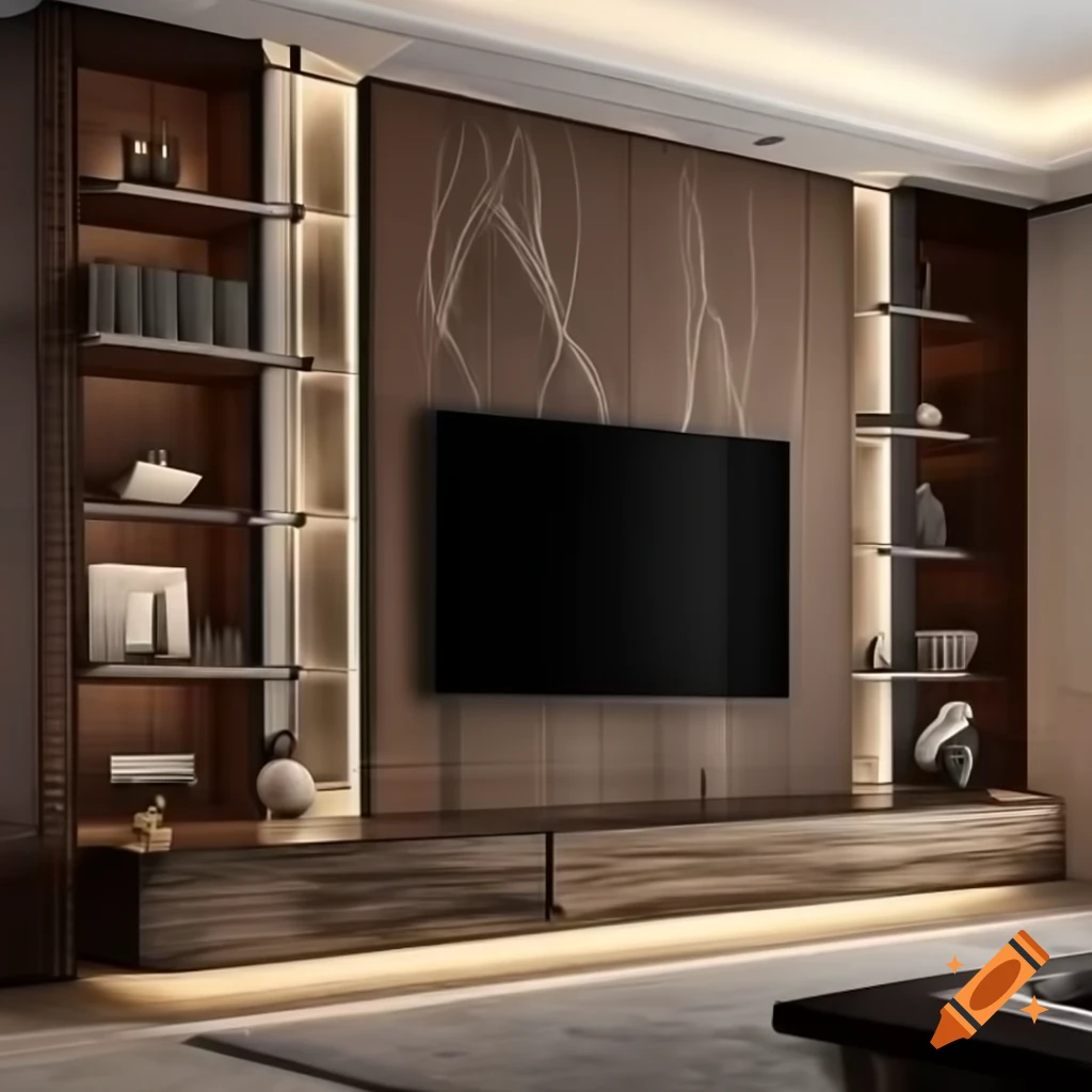 Modern luxurious media wall design concept with specific dimensions on ...