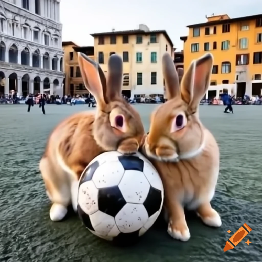Two rabbits playing soccer in lucca piazza on Craiyon