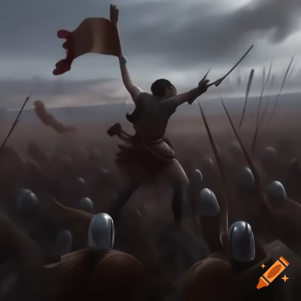 Lone warrior raising sword against vast enemy army, showcasing bravery ...