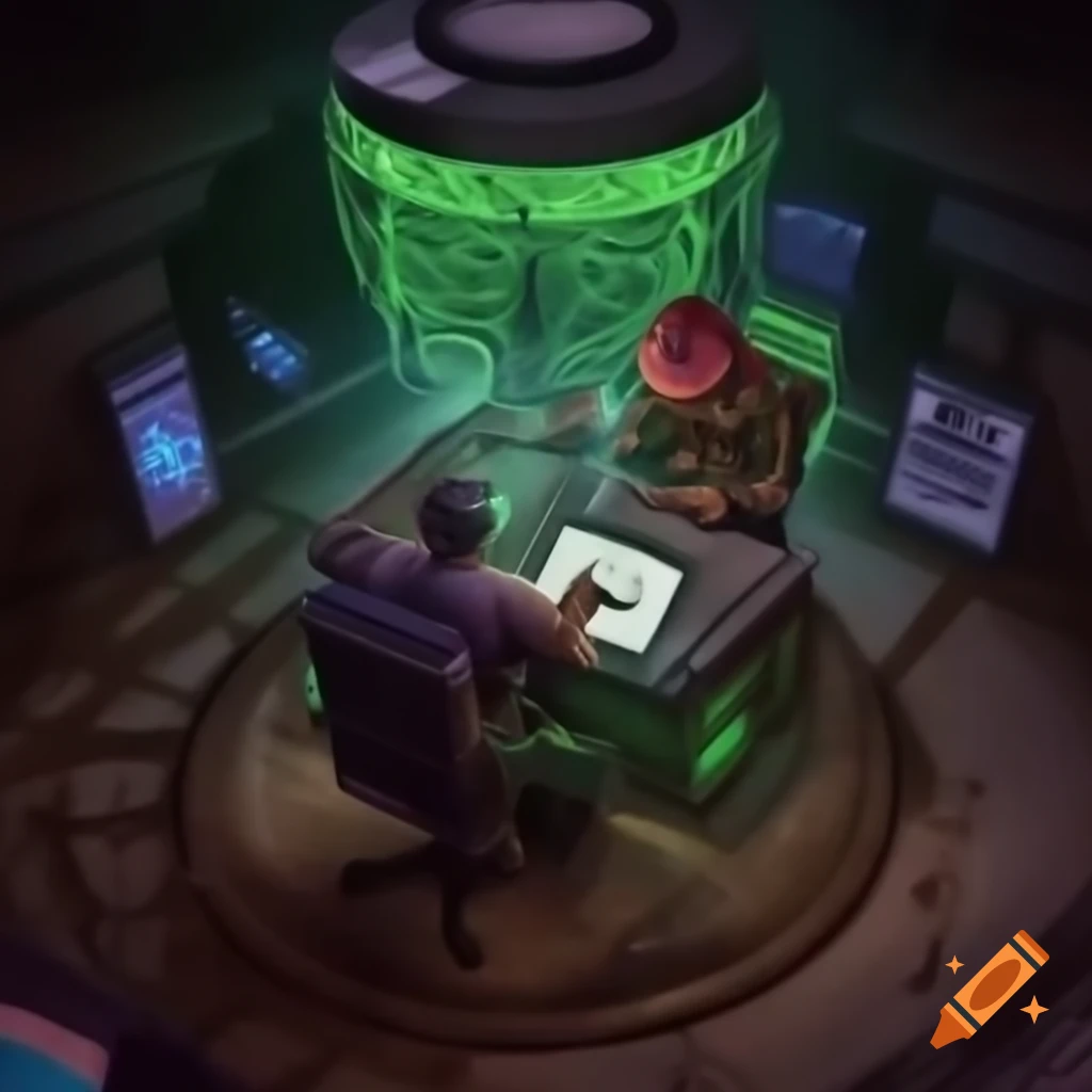 Arcane techno-mage in military communication tower with holographic symbols on Craiyon