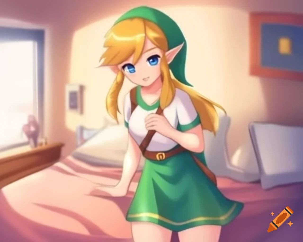 Playful female character inspired by Legend of Zelda in a cozy bedroom ...