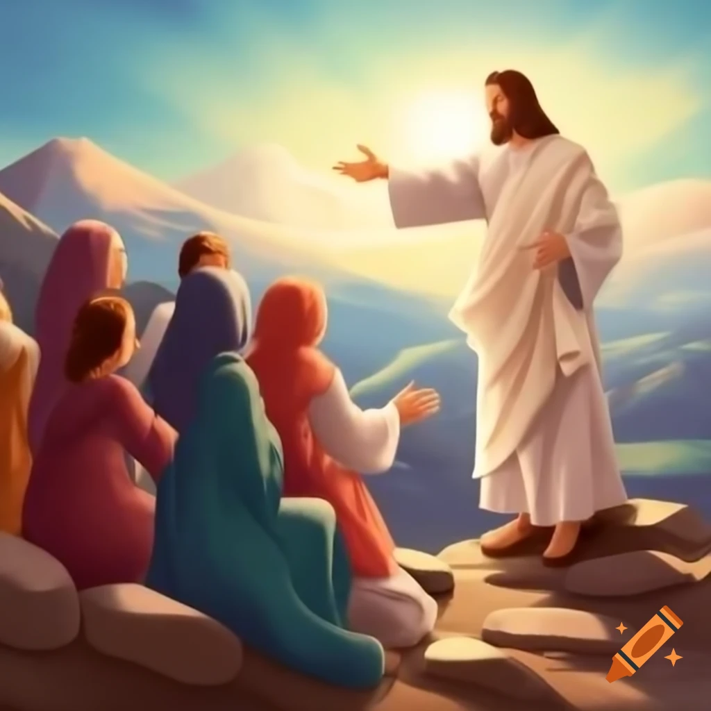 Biblical scene of jesus teaching on a mountain to a crowd on Craiyon