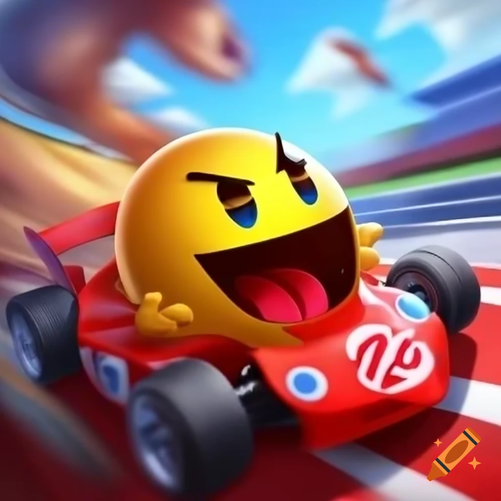 Enzyme depicted as Pac-Man in race car illustrating speed on Craiyon