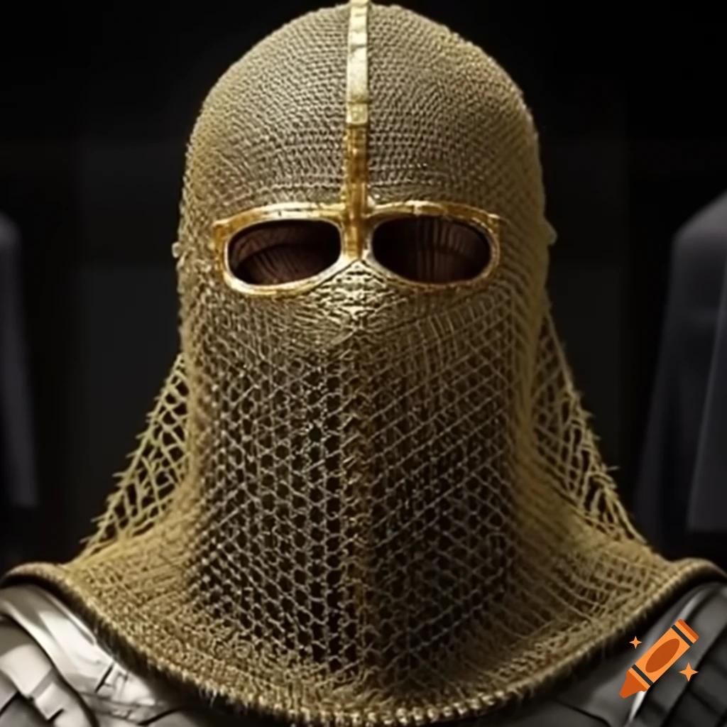 Intricate golden chainmail tapestry, shimmering links creating a ...